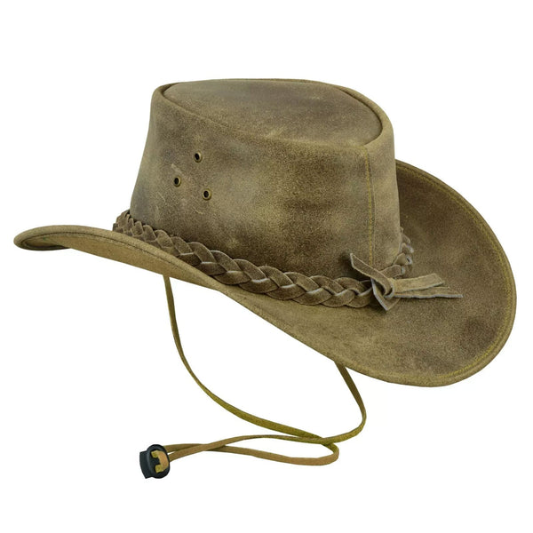 Cowboy Hat Western Aussie Style Crazy Horse Leather Hat with Chin Stra ...